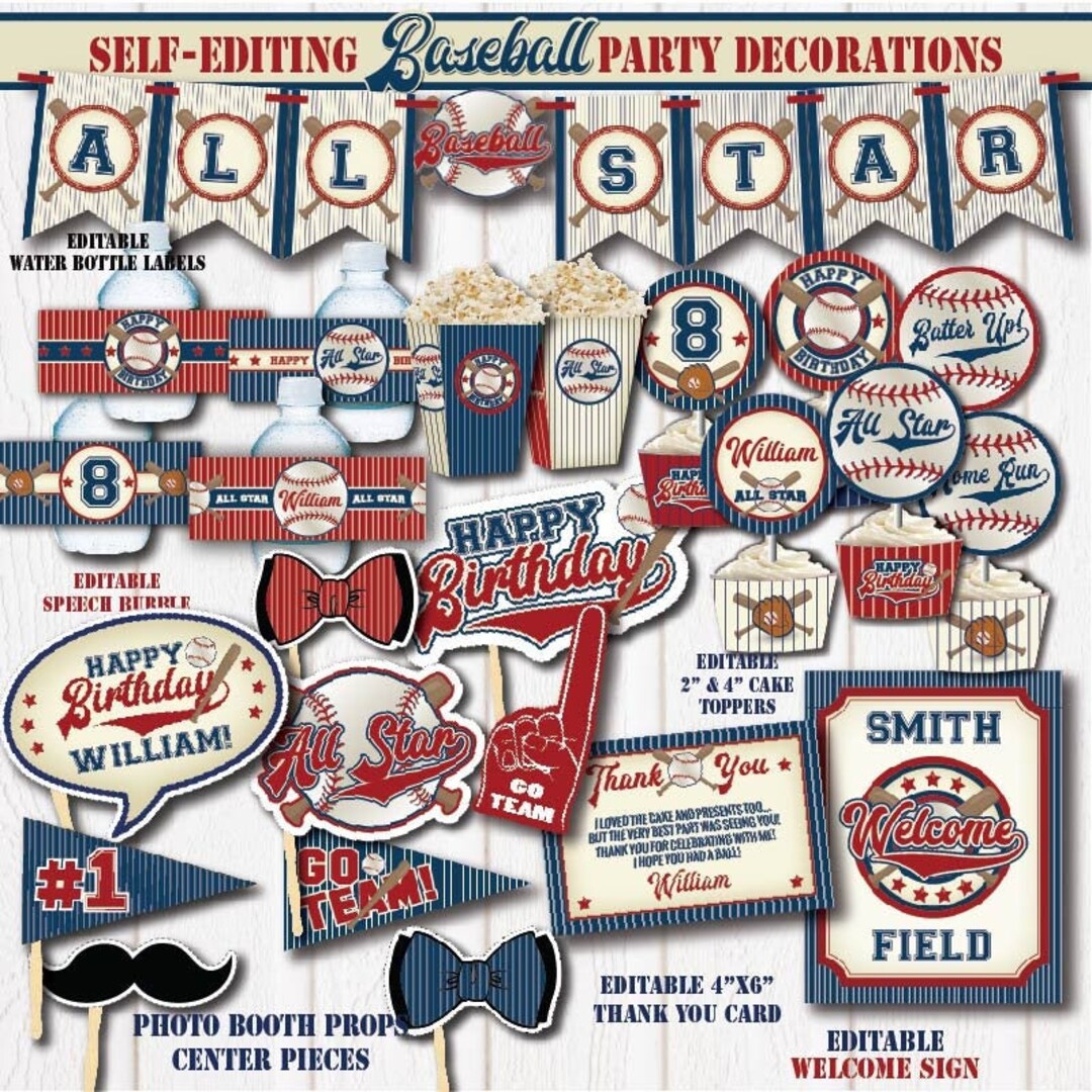 SELF-EDITING All Star Baseball Birthday Decorations-printable Baseball ...