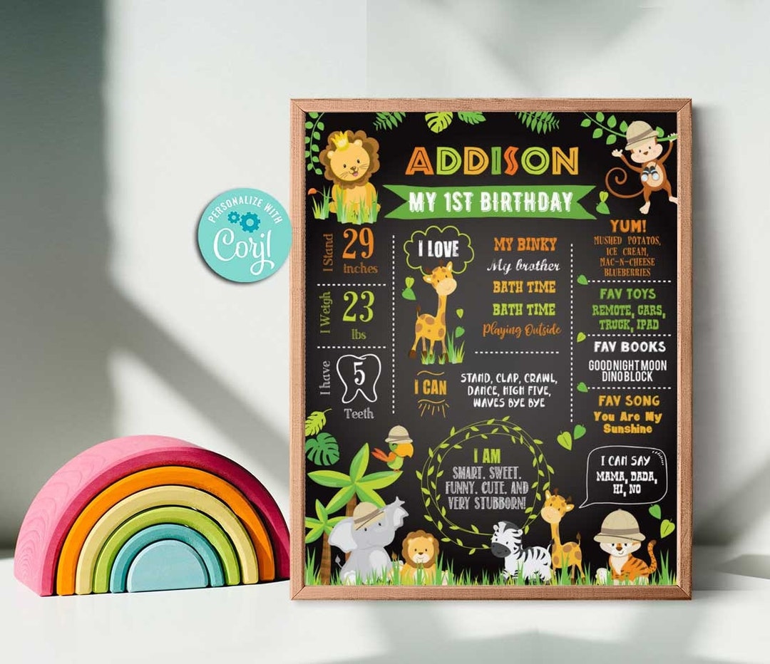 Safari Birthday Milestone Chalkboard-self Edit W Corjl-safari Party ...