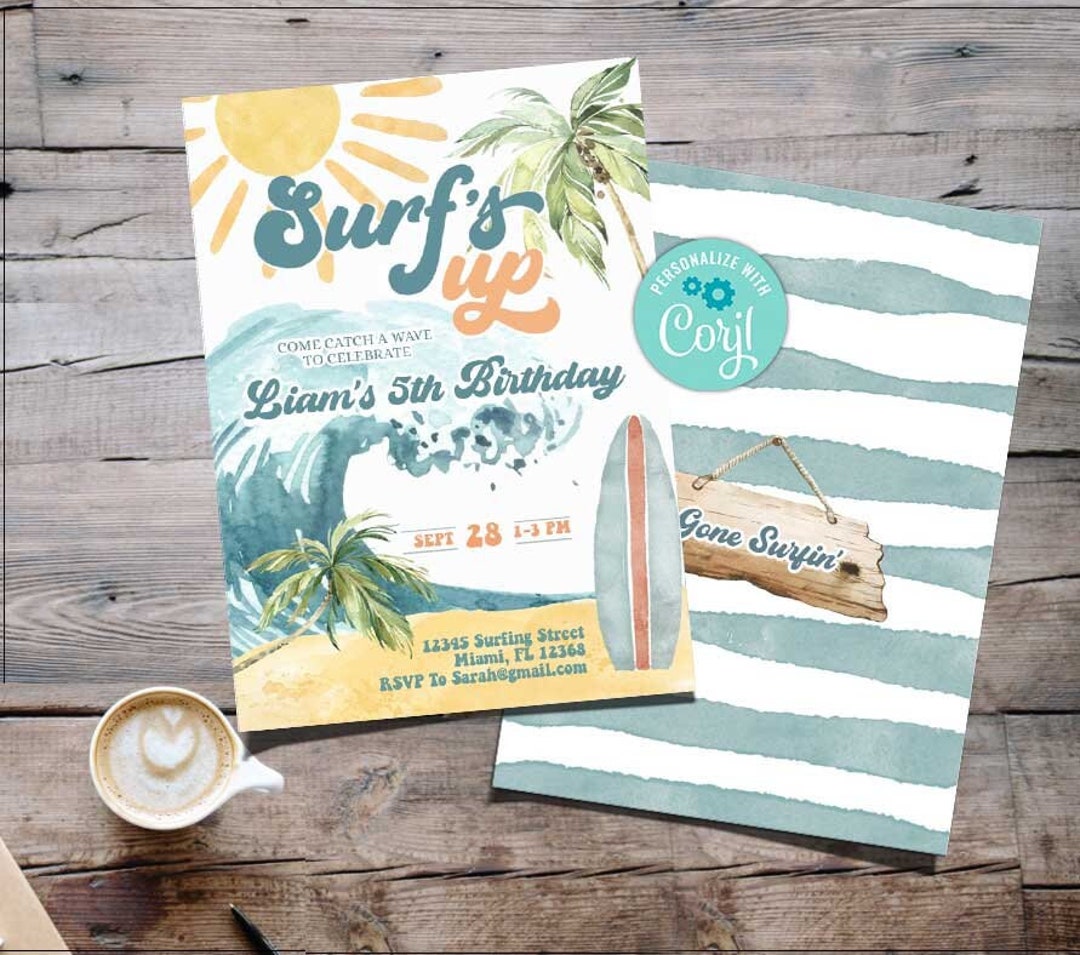 Surf's up Birthday Invitation-self Edit W Corjl-surfing Party Invite ...