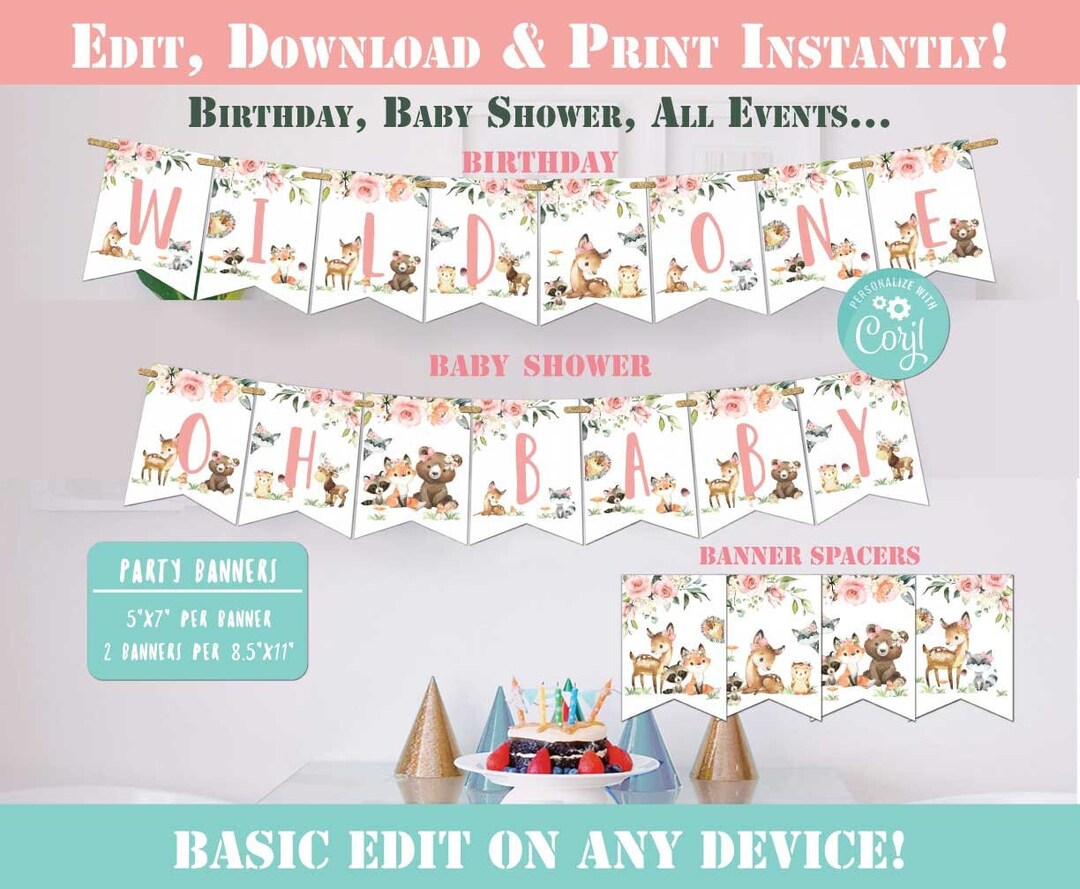 Woodland Party Banners-self-edit With Corjl-floral Woodland Birthday-it ...