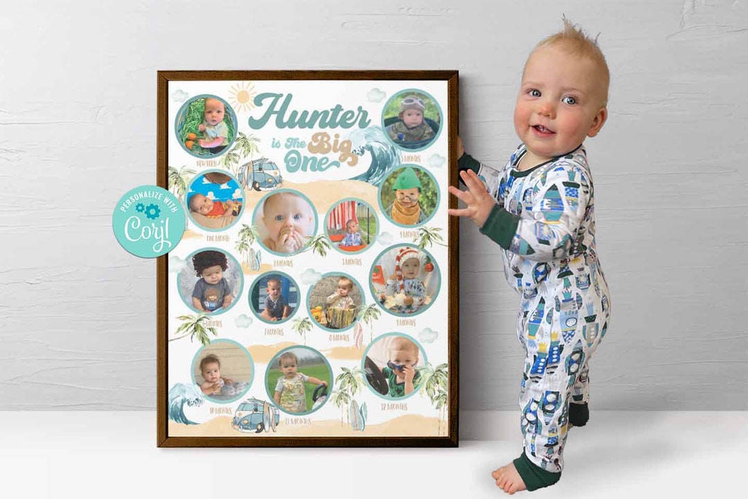 Surfing Birthday Photo Milestone Poster-the BIG ONE Birthday-corjl ...