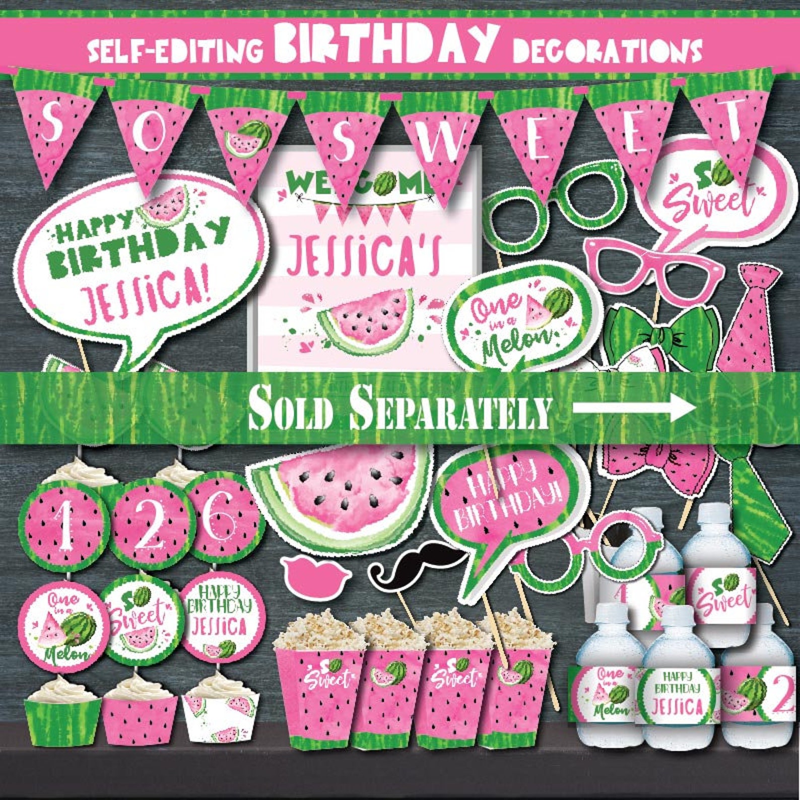 Watermelon Birthday Photo Banners-self-edit W Corjl-watermelon - Etsy