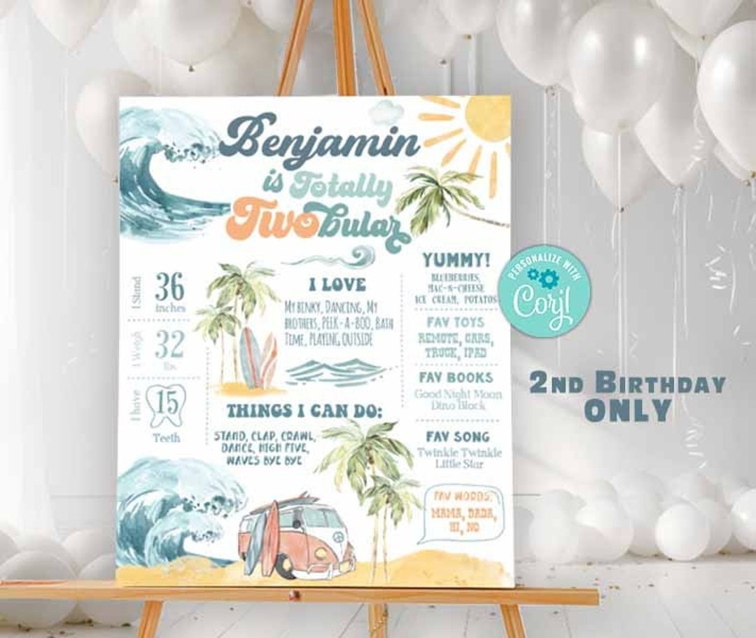 Surfing Birthday Milestone Poster-totally Two-bular 2nd Birthday Only ...