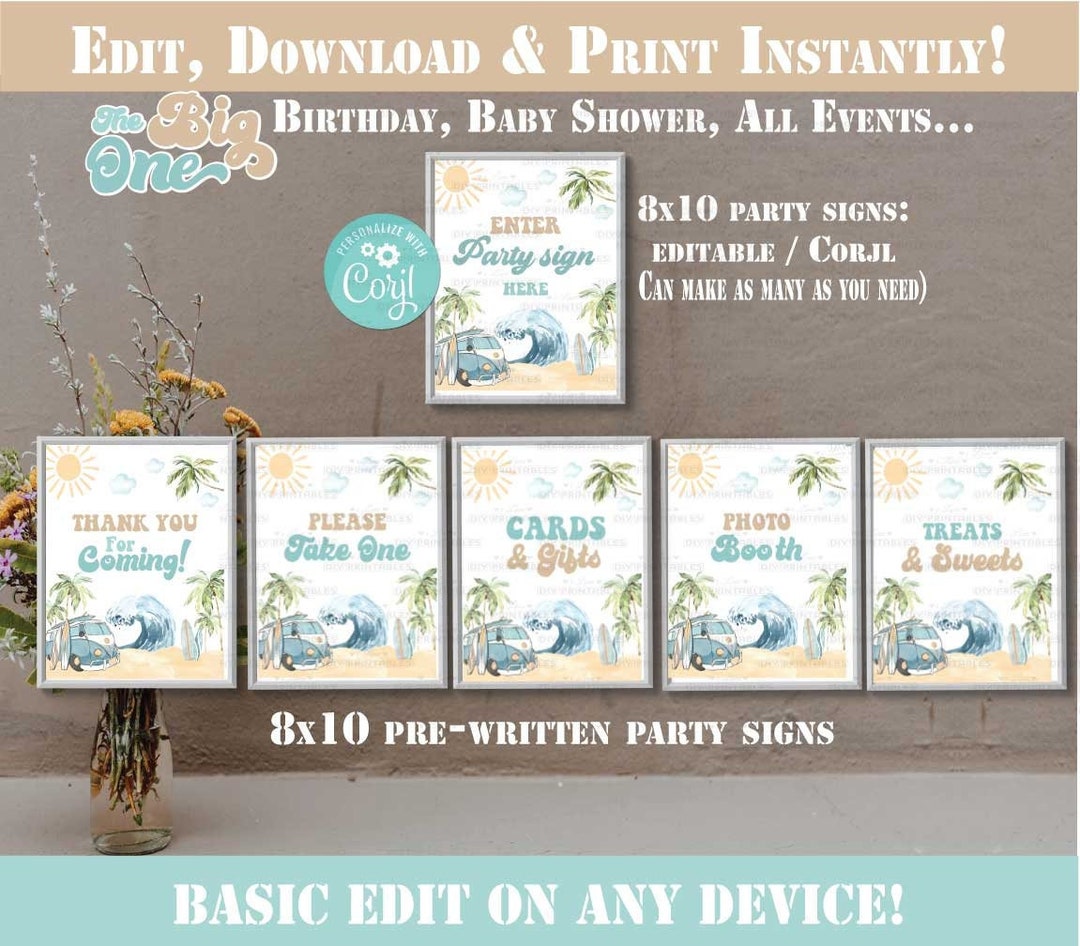 Surfing Party Signs-self Edit Corjl-the BIG ONE Birthday Welcome Sign ...