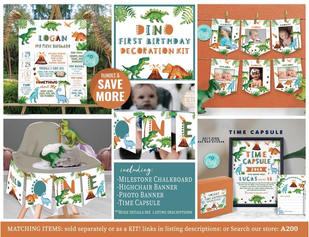 Dinosaur First Birthday Decoration Bundle-self Edit With Corjl ...