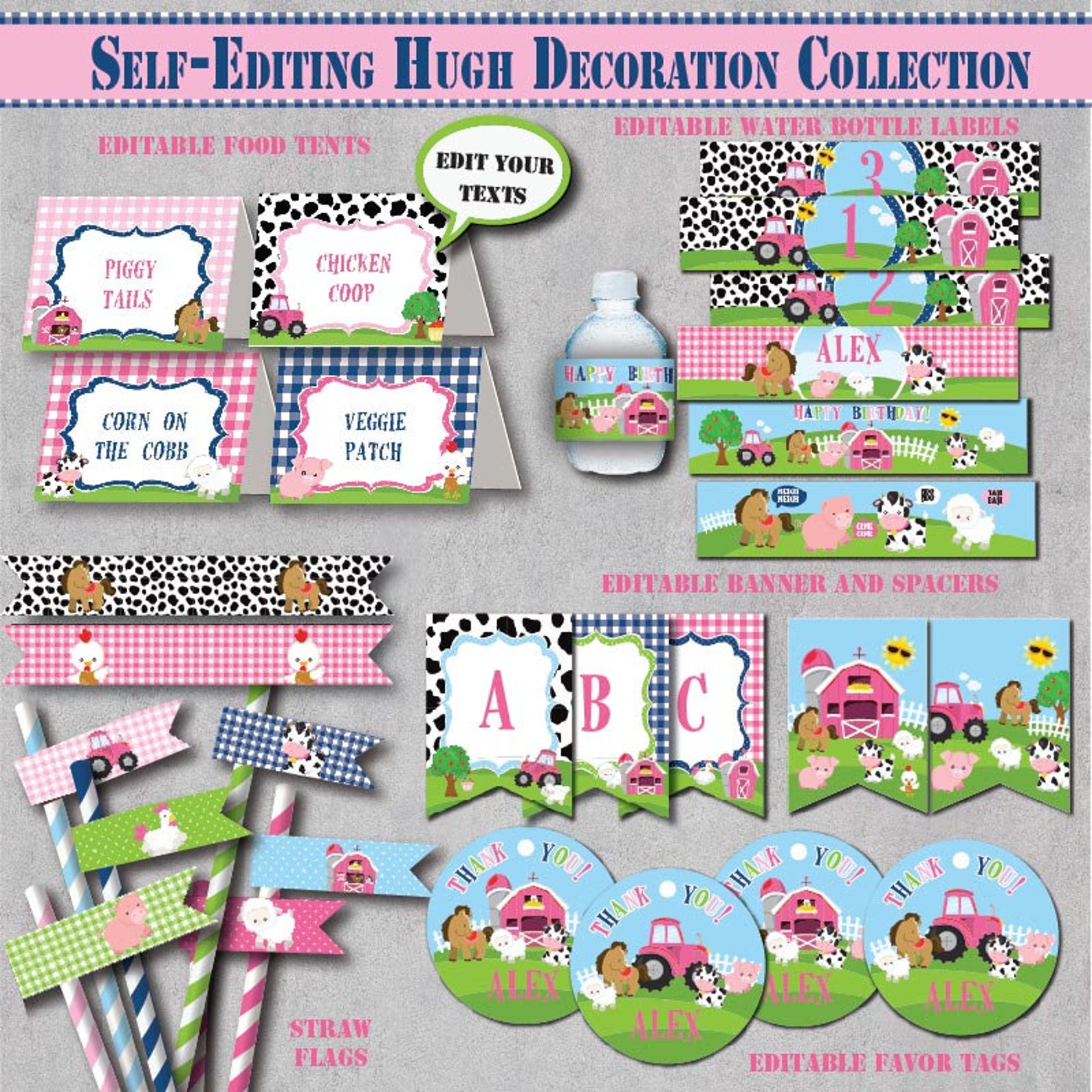 Self-editing Pink Farm Birthday Decoration Kit-farm Party - Etsy