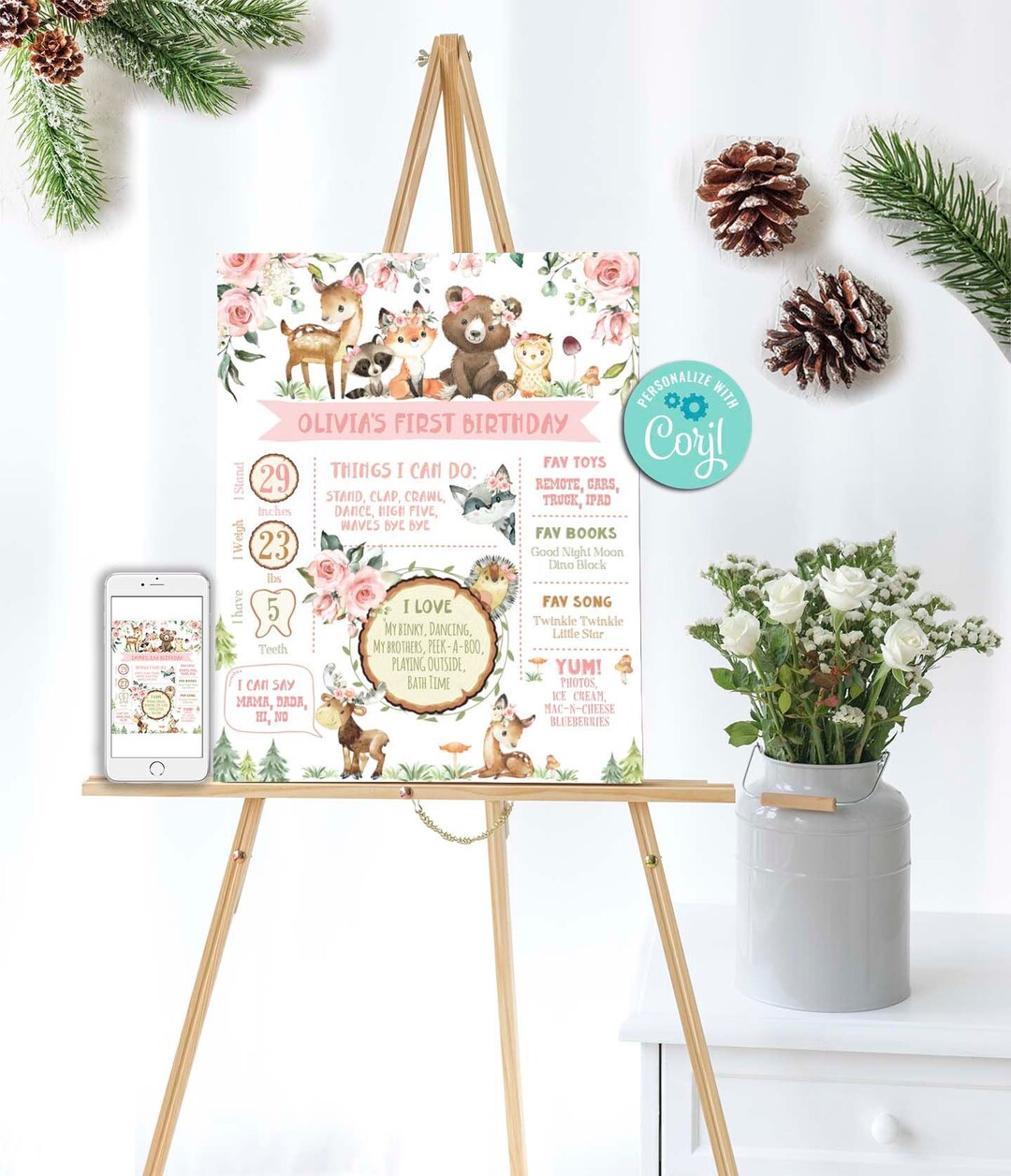 Woodland Birthday Milestone Chalkboard-floral Woodland Party Poster ...