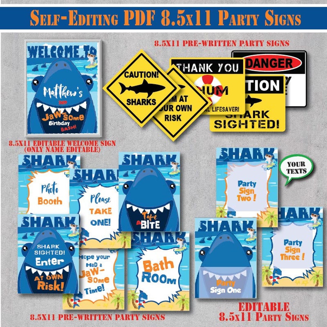 SELF-EDITING Shark Birthday Party Signs-welcome Sign-printable Under ...