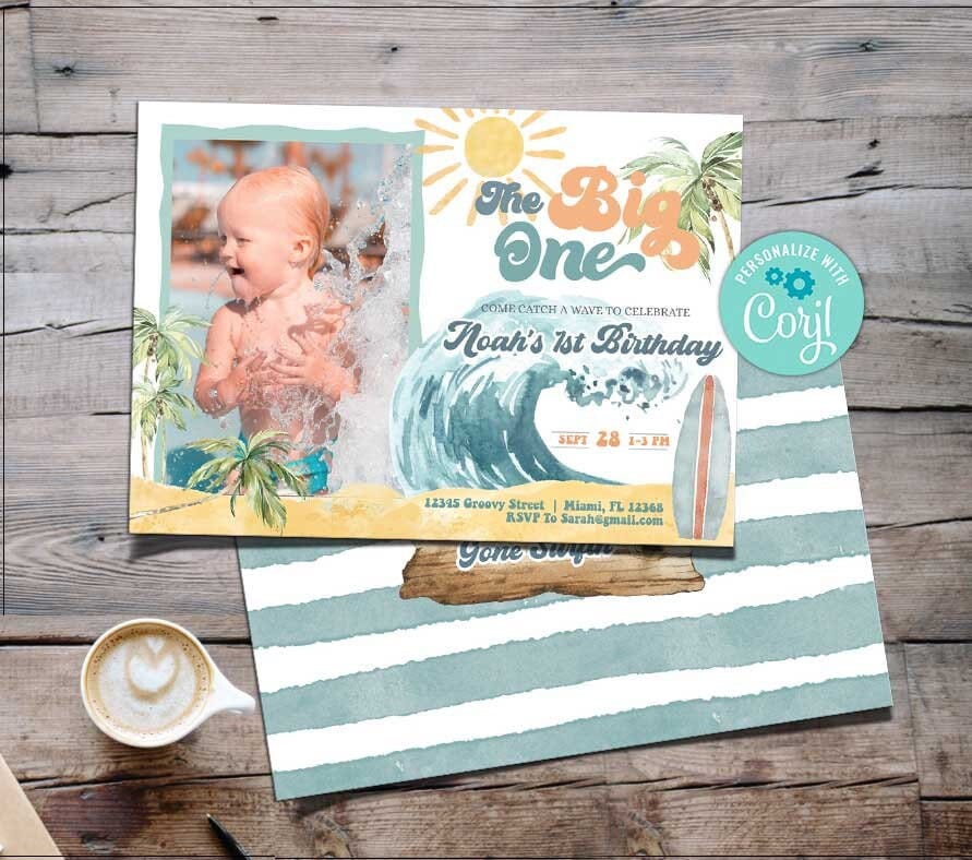 The BIG ONE Birthday Invitation-self Edit W Corjl-surf's - Etsy