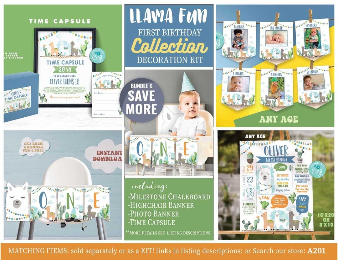Boy Llama First Birthday Decoration Bundle-corjl-time Capsule-photo ...
