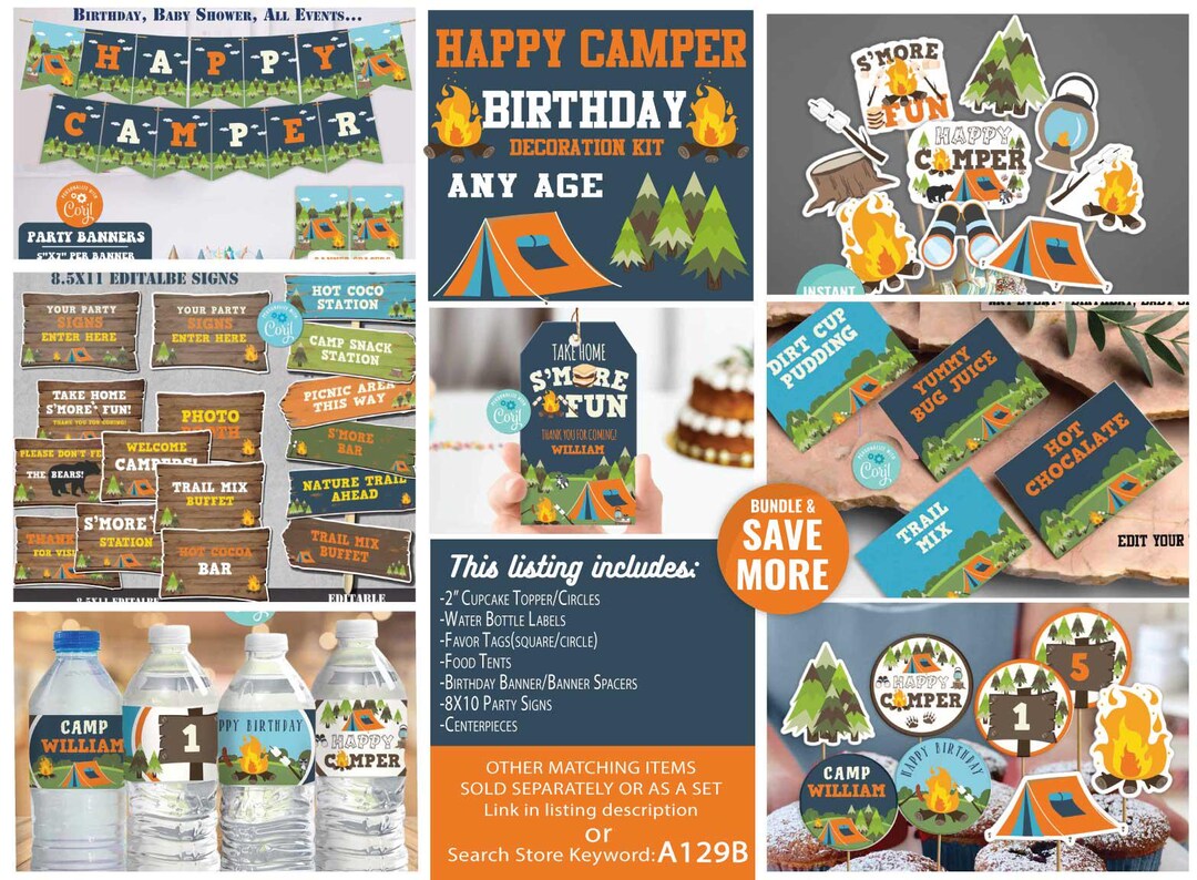 One Happy Camper Birthday Decorations Kit-centerpiece-cupcake-banner ...