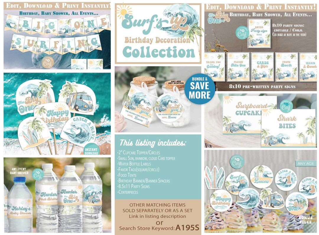 Surfing Birthday Decoration Bundle-the BIG ONE Birthday-corjl ...