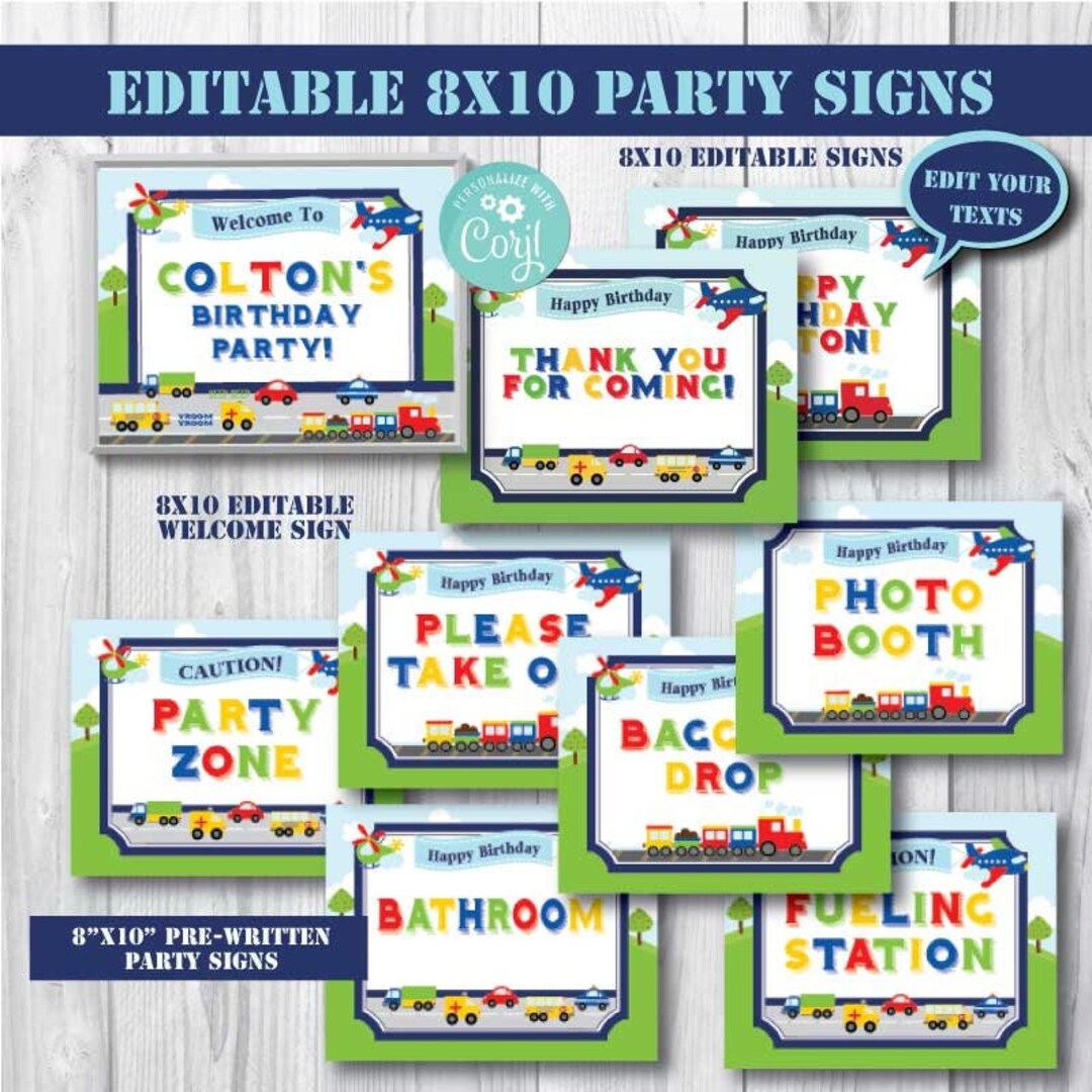 Transportation Birthday Party Signs-self Edit Corjl-transportation ...