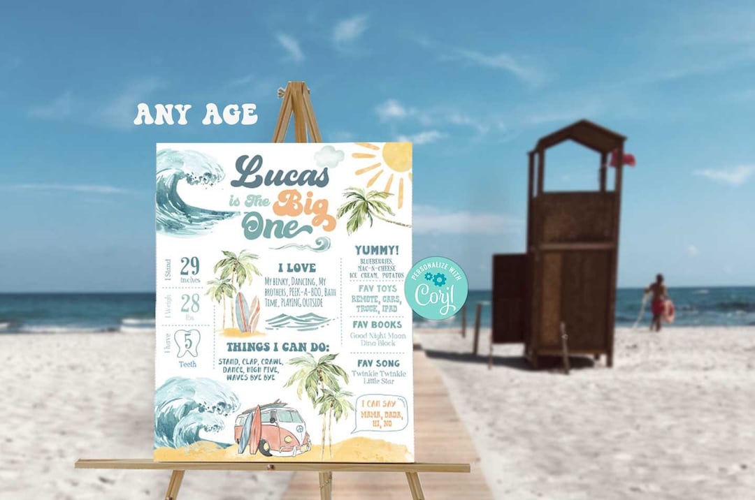 Surfing Birthday Milestone Poster, Surf's up First Birthday (editable ...