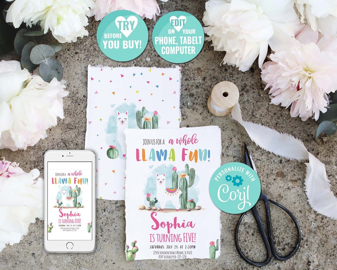 Llama Birthday Invitation-edit W Corjl Phone-computer-llama Fun-cactus ...