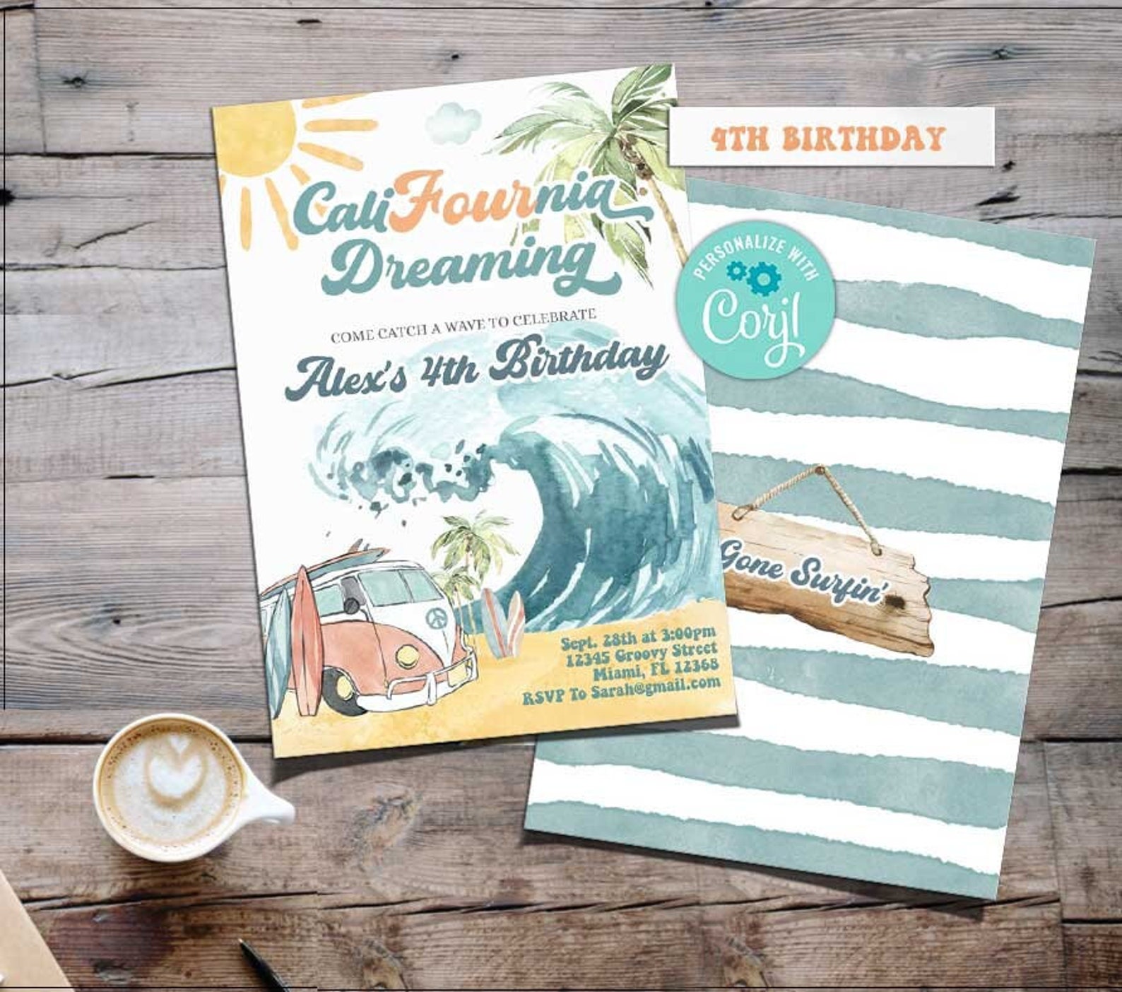 Cali-four-nia Dreaming 4th Birthday Invitation-self Edit W Corjl ...