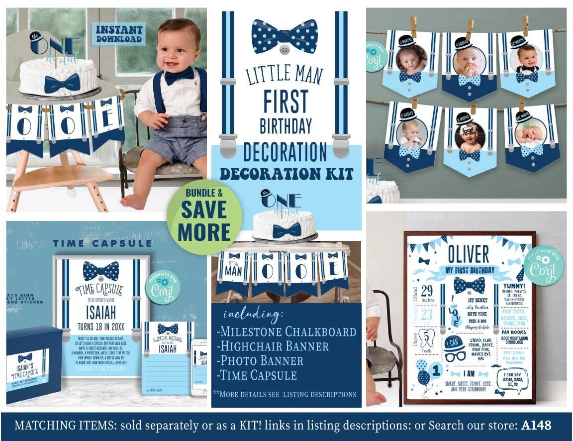Little Man First Birthday Decoration Kit-self-edit W - Etsy