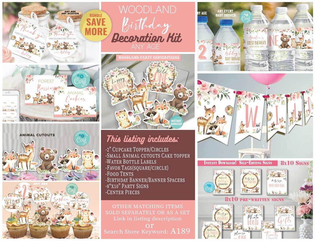 Woodland Birthday Decoration Kit-self Editw Corjl-pink Floral Woodland ...