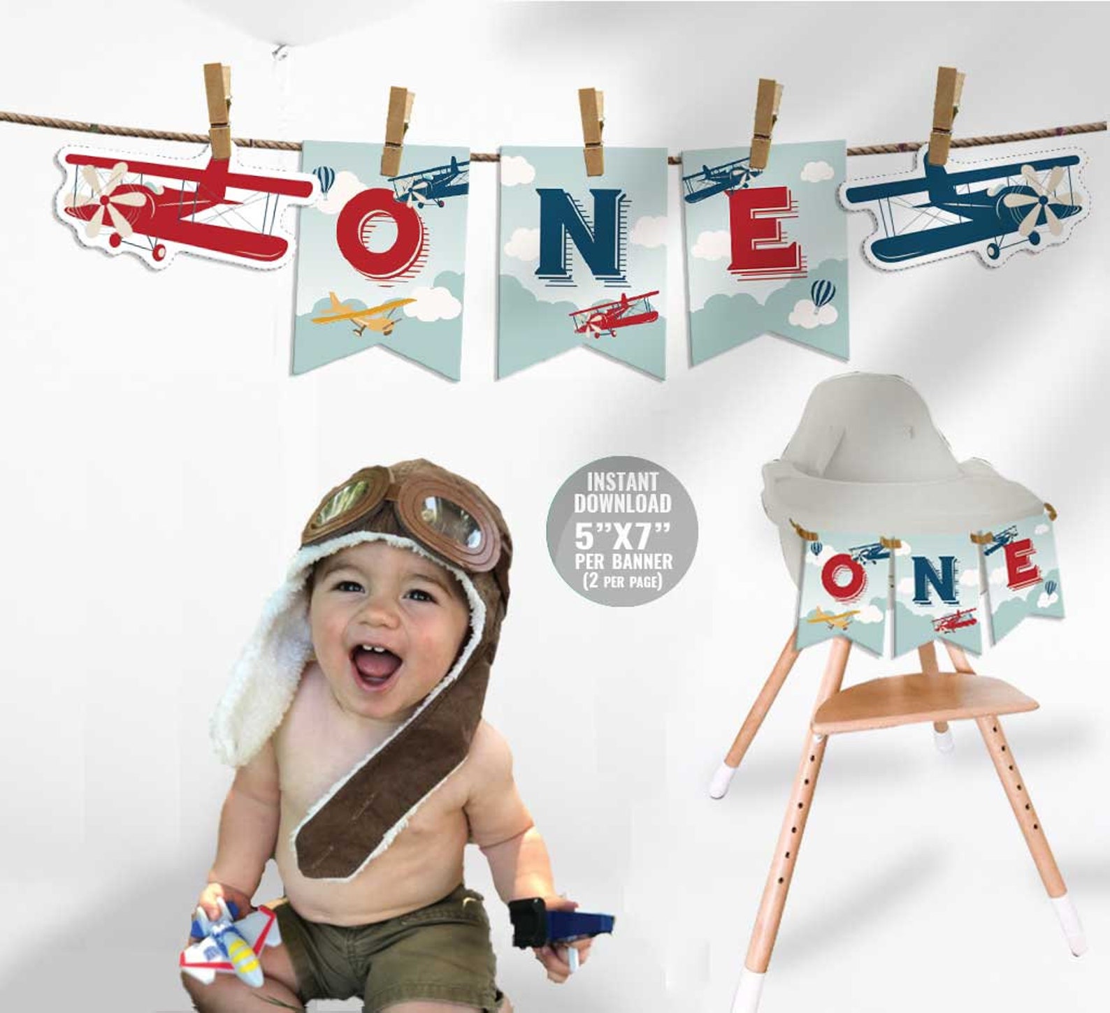 Vintage Airplane First Birthday Decoration Kit-self-edit With Corjl ...