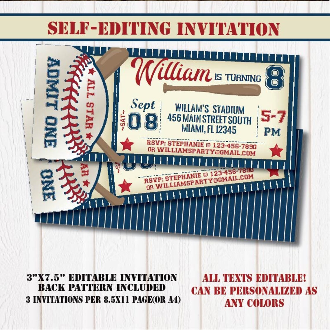 All Star Baseball Birthday Invitation-self-editing Baseball - Etsy