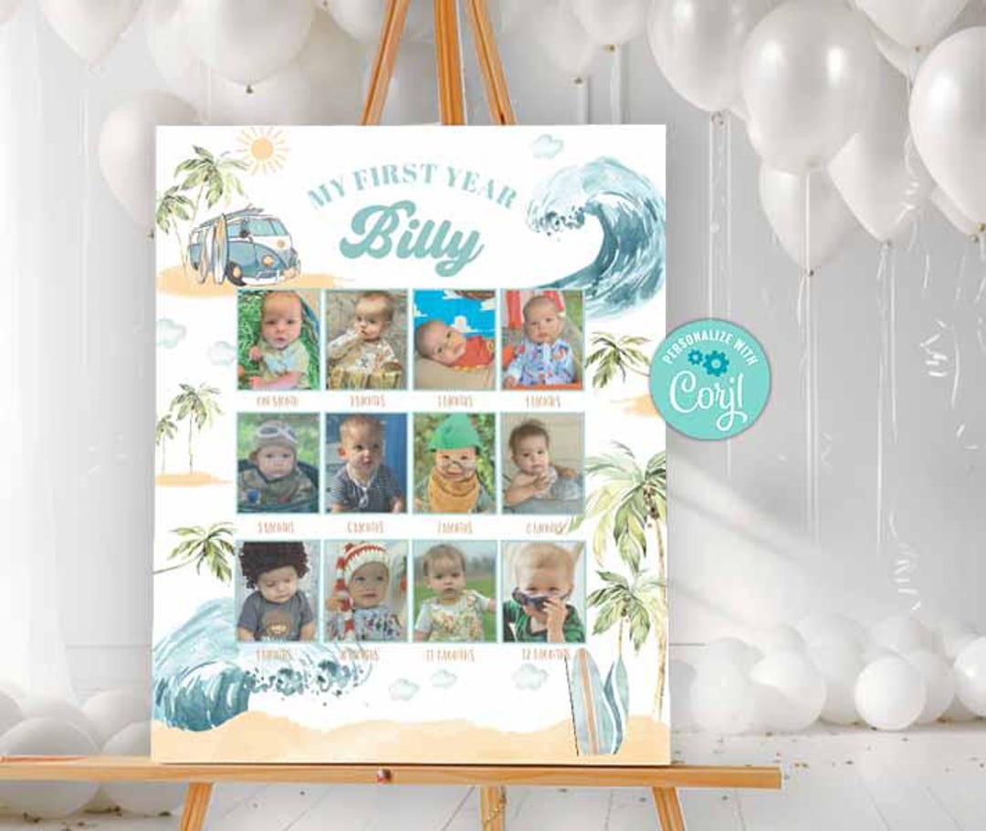 Surfing Birthday Photo Milestone Poster: First Birthday (digital ...