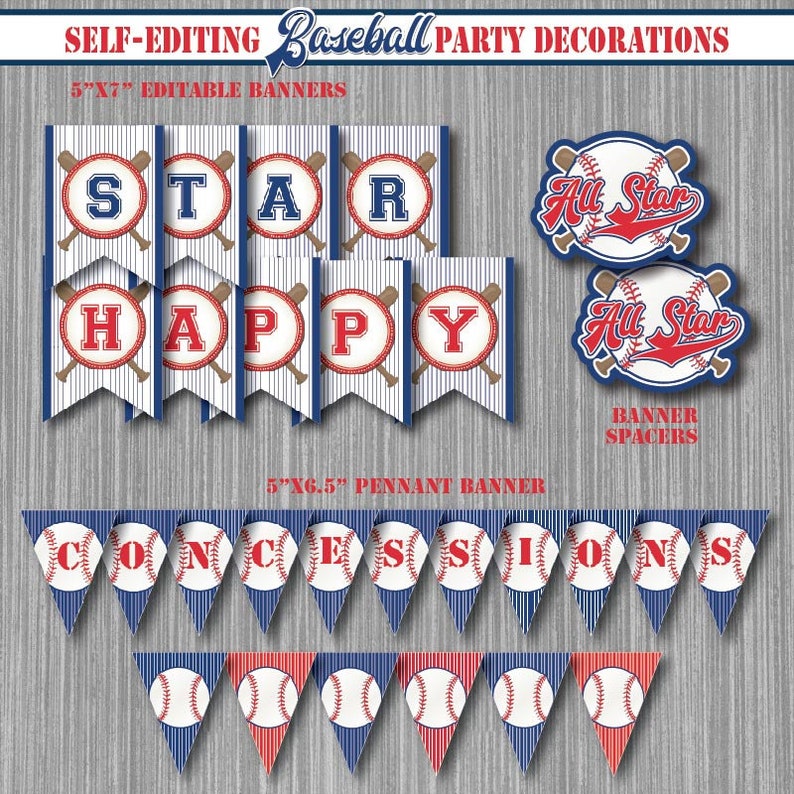 SELF-EDITING All Star Baseball Birthday Decorations-printable Baseball ...