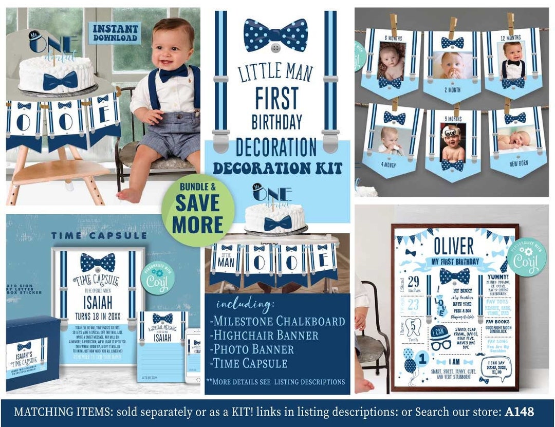 Little Man First Birthday Decoration Kit-self-edit W Corjl-milestone ...