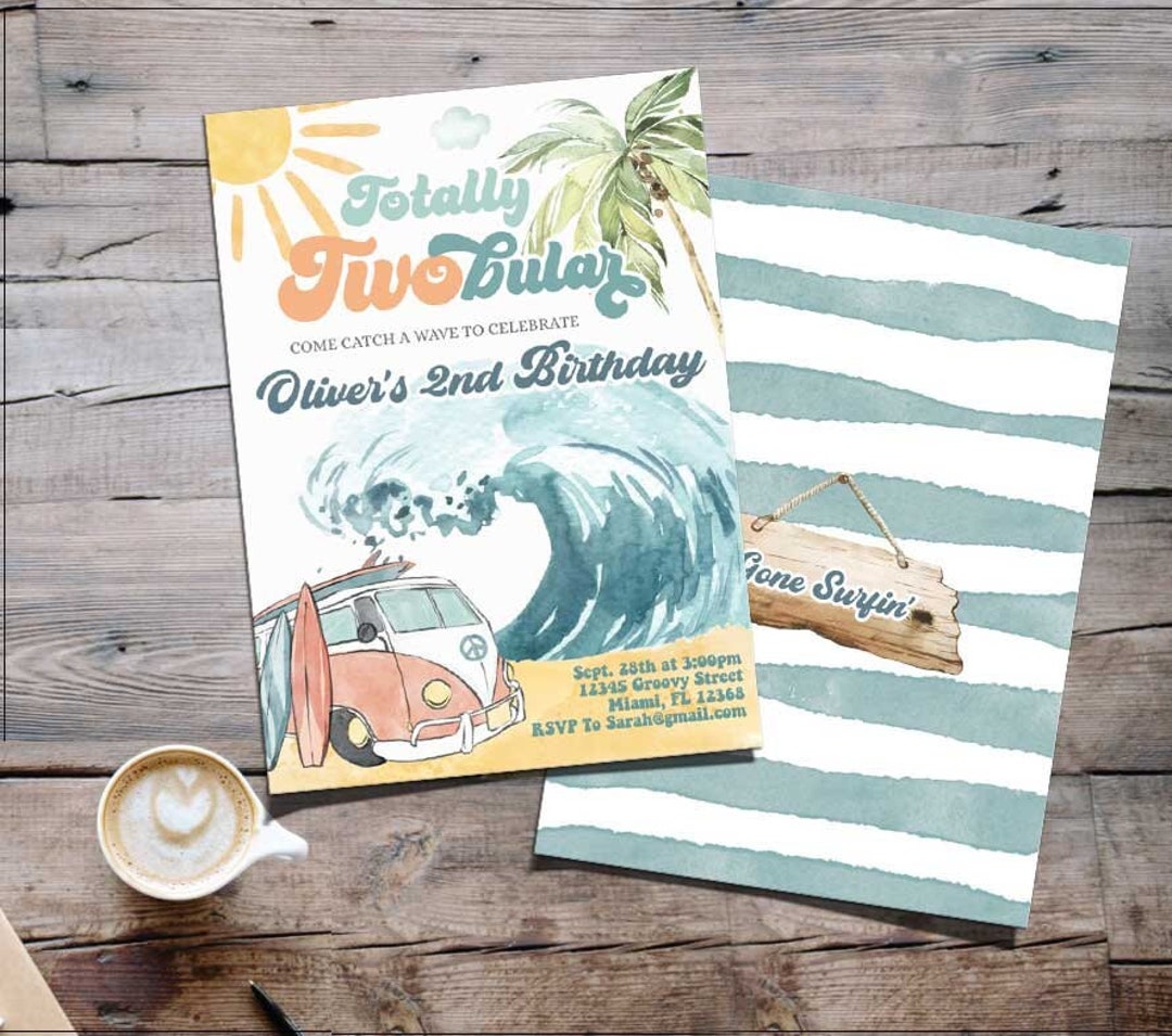 Surfing Second Birthday Invitation, Totally Two-bular (editable Digital ...