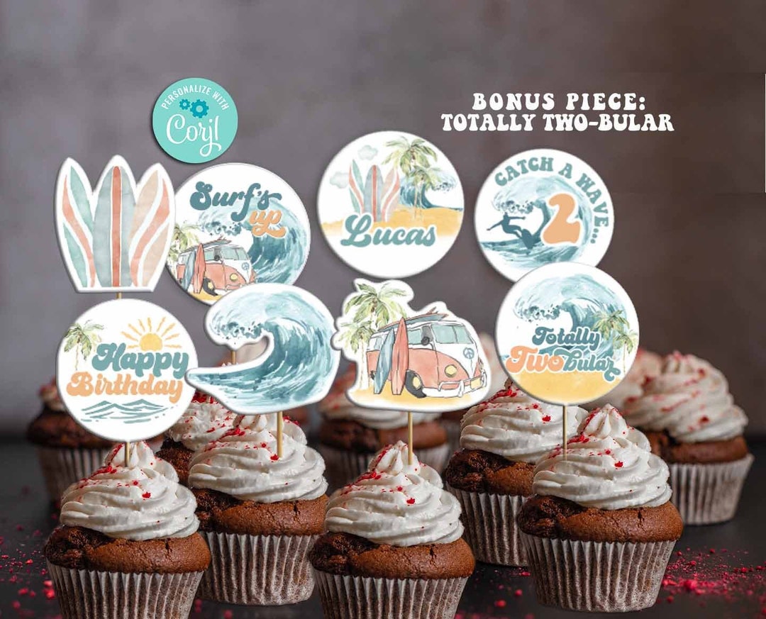 Totally Two-bular Surfing Birthday Cupcake Toppers-corjl-retro-surfs Up ...