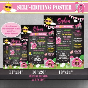 Self-editing Pink Farm Birthday Milestone Poster-farm Party Chalkboard ...