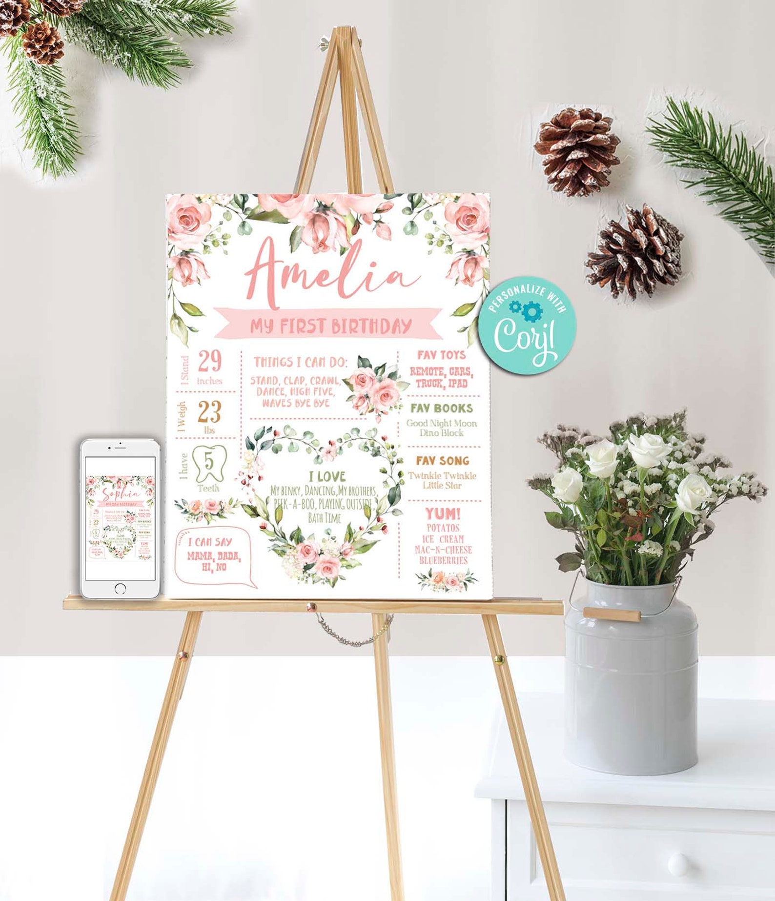 Flower Birthday Milestone Chalkboard-edit W Corjl-pink Blush Floral ...