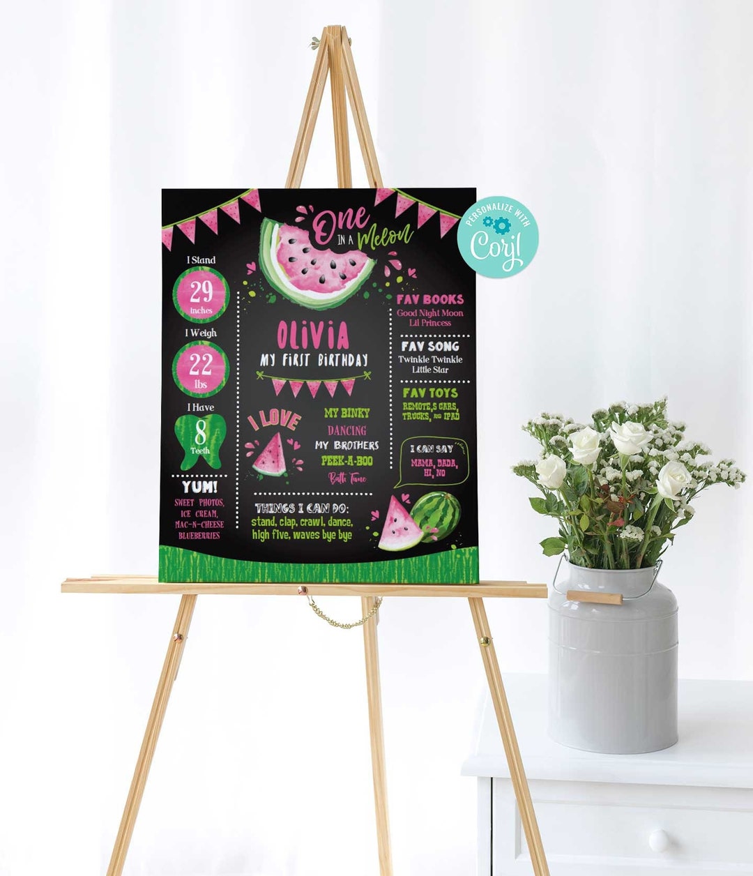Watermelon Milestone Chalkboard-self Edit W Corjl-watermelon Birthday ...