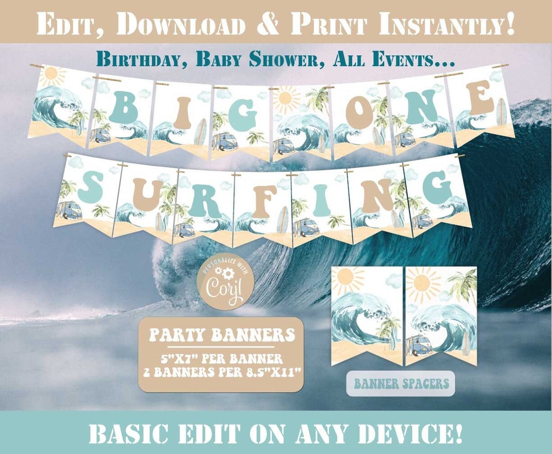 Surfing Party Banners-self Edit Corjl-the BIG ONE Birthday Banne ...