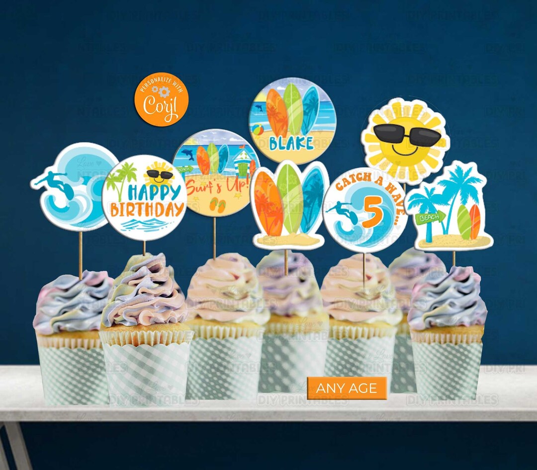 Surfing Birthday Cupcake Toppers-party Circles-corjl-surf Party-surfing ...