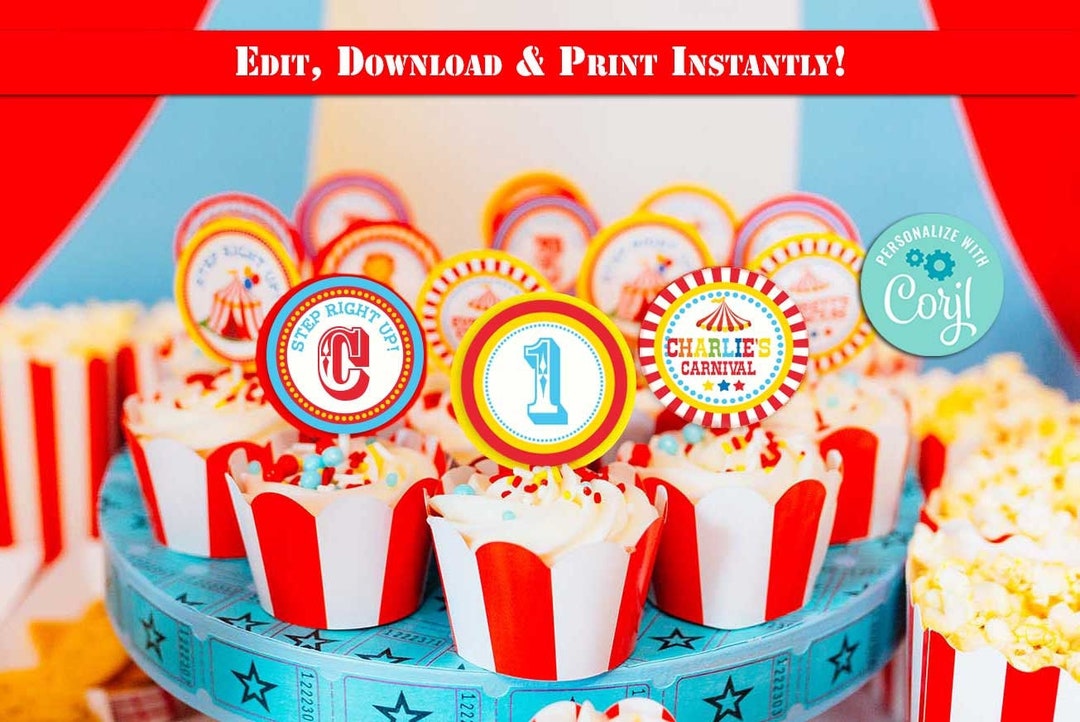 Carnival Birthday Cupcake Toppers-selfedit Corjl-circus - Etsy