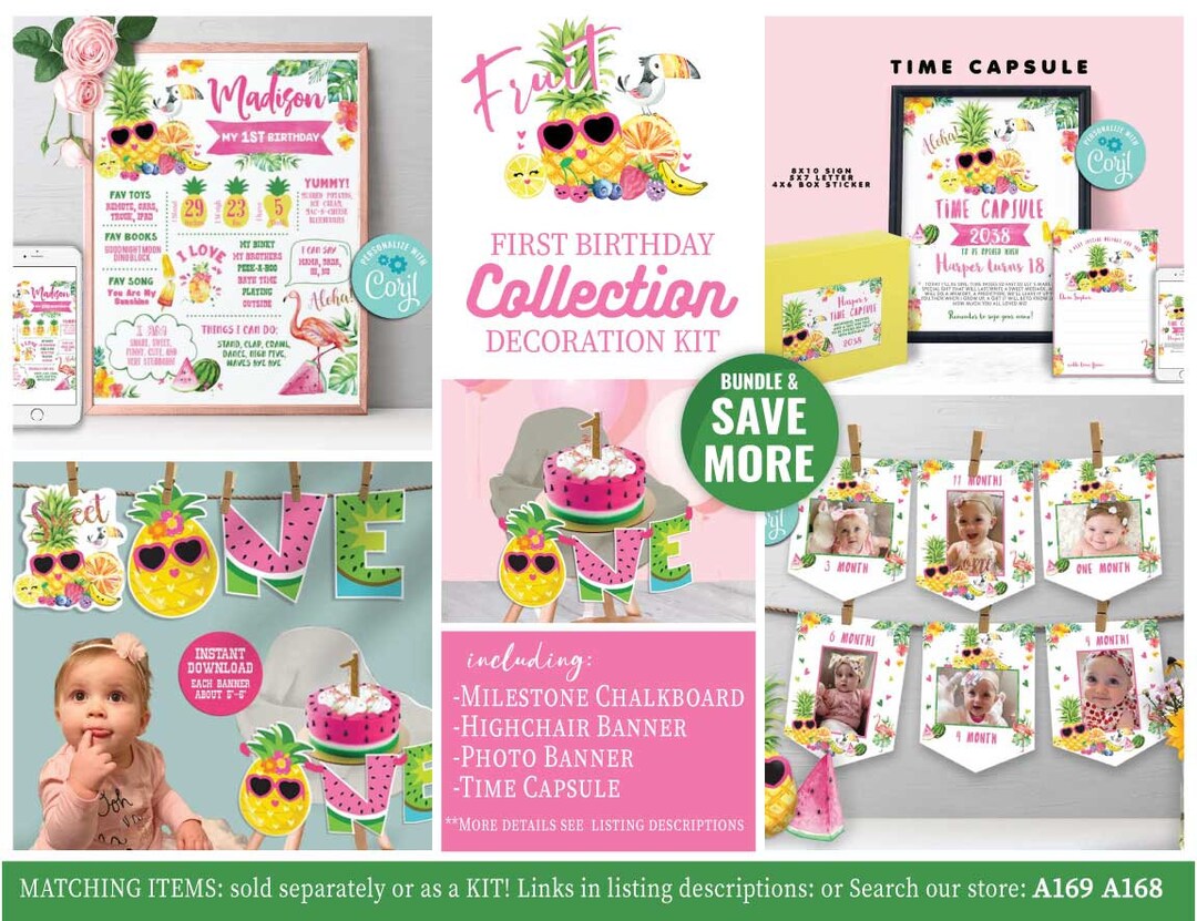 Pineapple First Birthday Decoration Kit-edit Corjl-milestone Poster ...