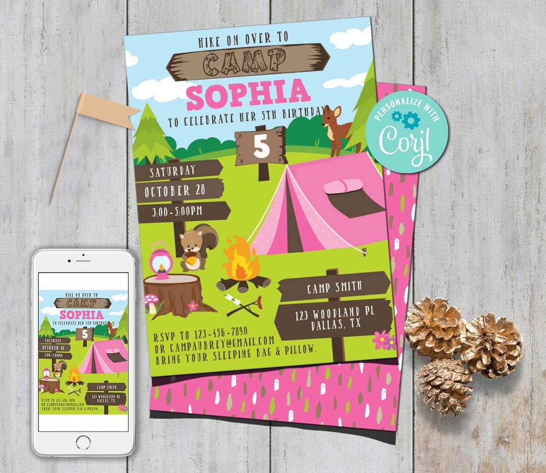 Camping Birthday Invitation-self-edit W Corjl-camp Out-one Happy Camper ...