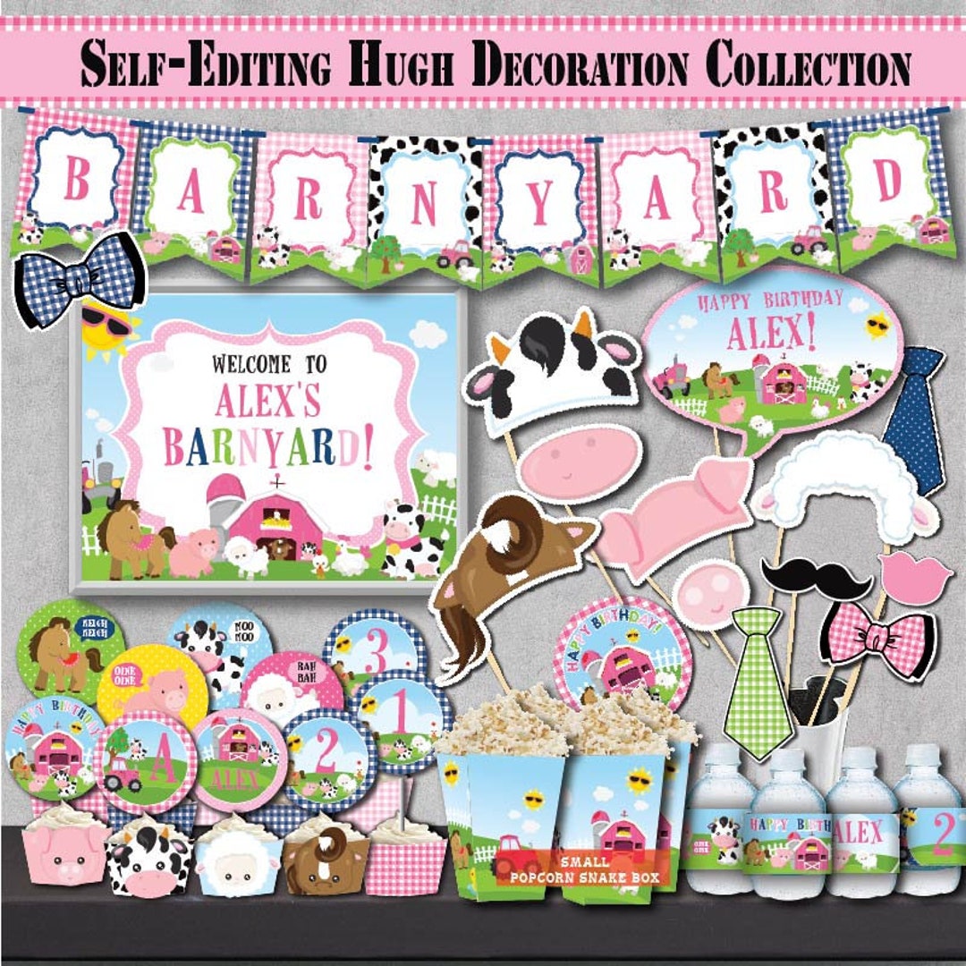 Self-editing Pink Farm Birthday Decoration Kit-farm Party - Etsy