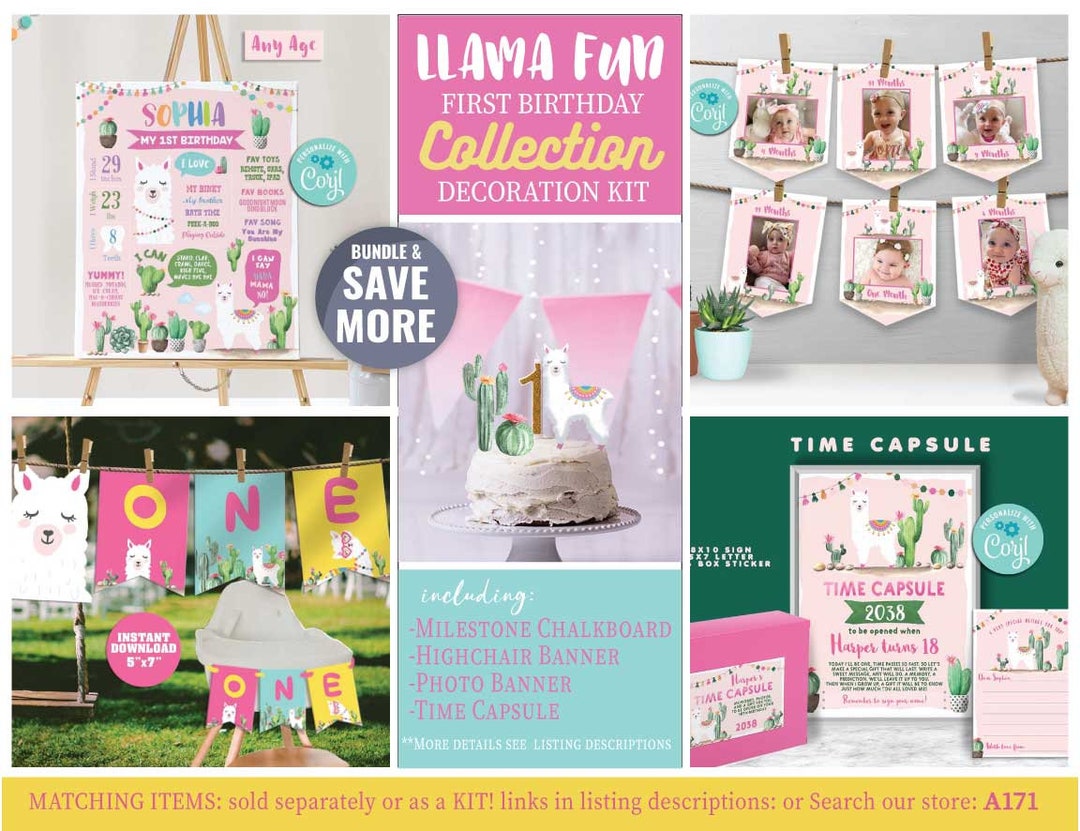 Llama First Birthday Decoration Kit-edit W Corjl-time Capsule-photo ...