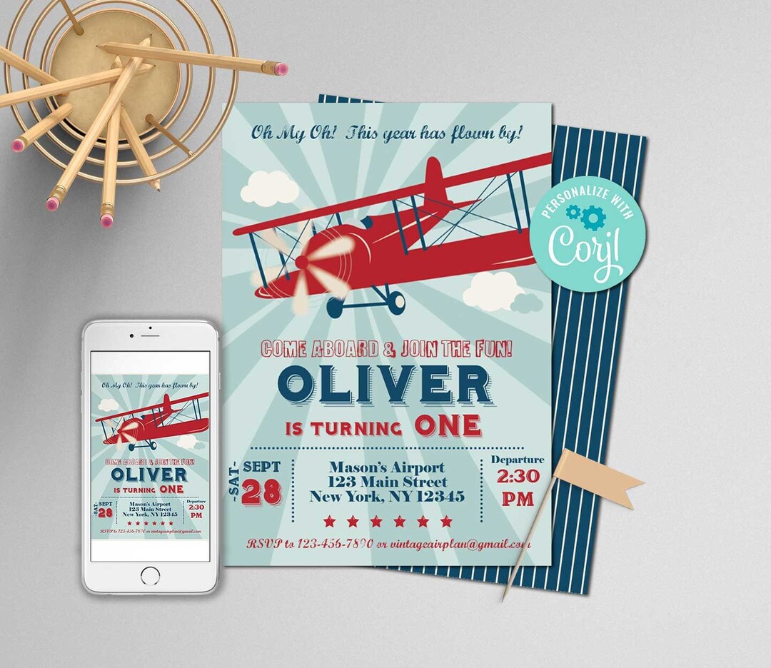 Vintage Airplane Party Invitation-self Edit Corjl-airplane Party Invite ...