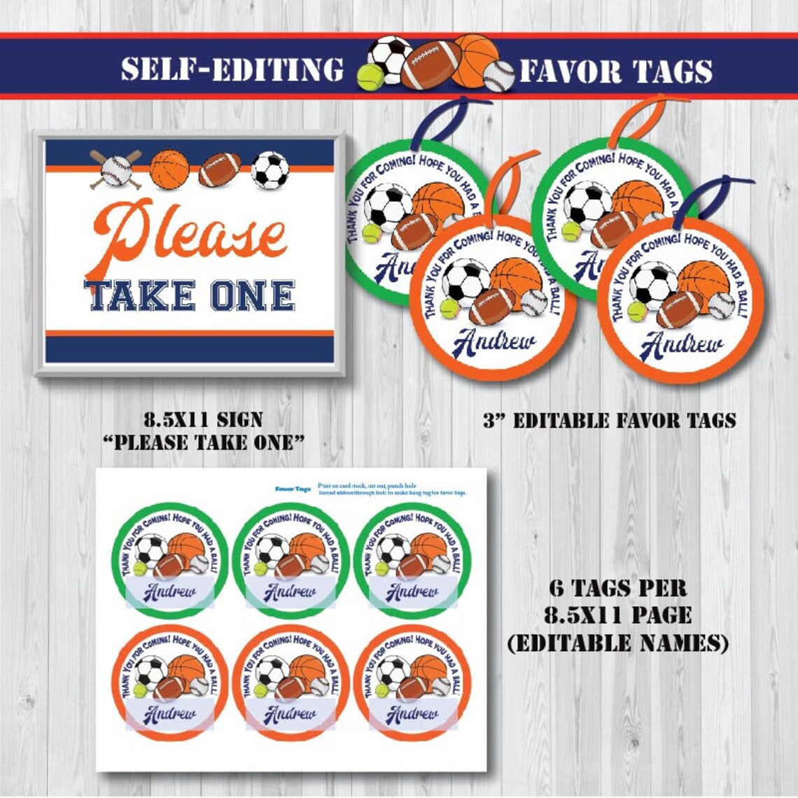 All Star Sport Birthday Favor Tags-self-editing Sport Thank - Etsy