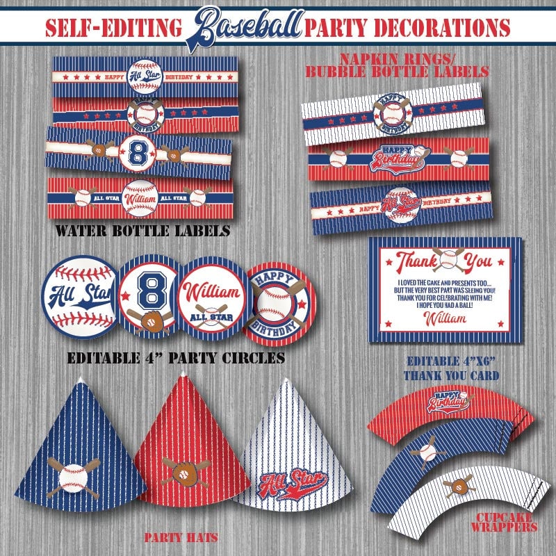SELF-EDITING All Star Baseball Birthday Decorations-printable Baseball ...