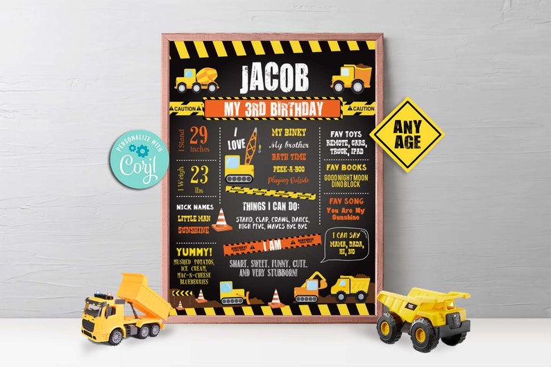 Construction Birthday Milestone Chalkboard-self Edit W - Etsy