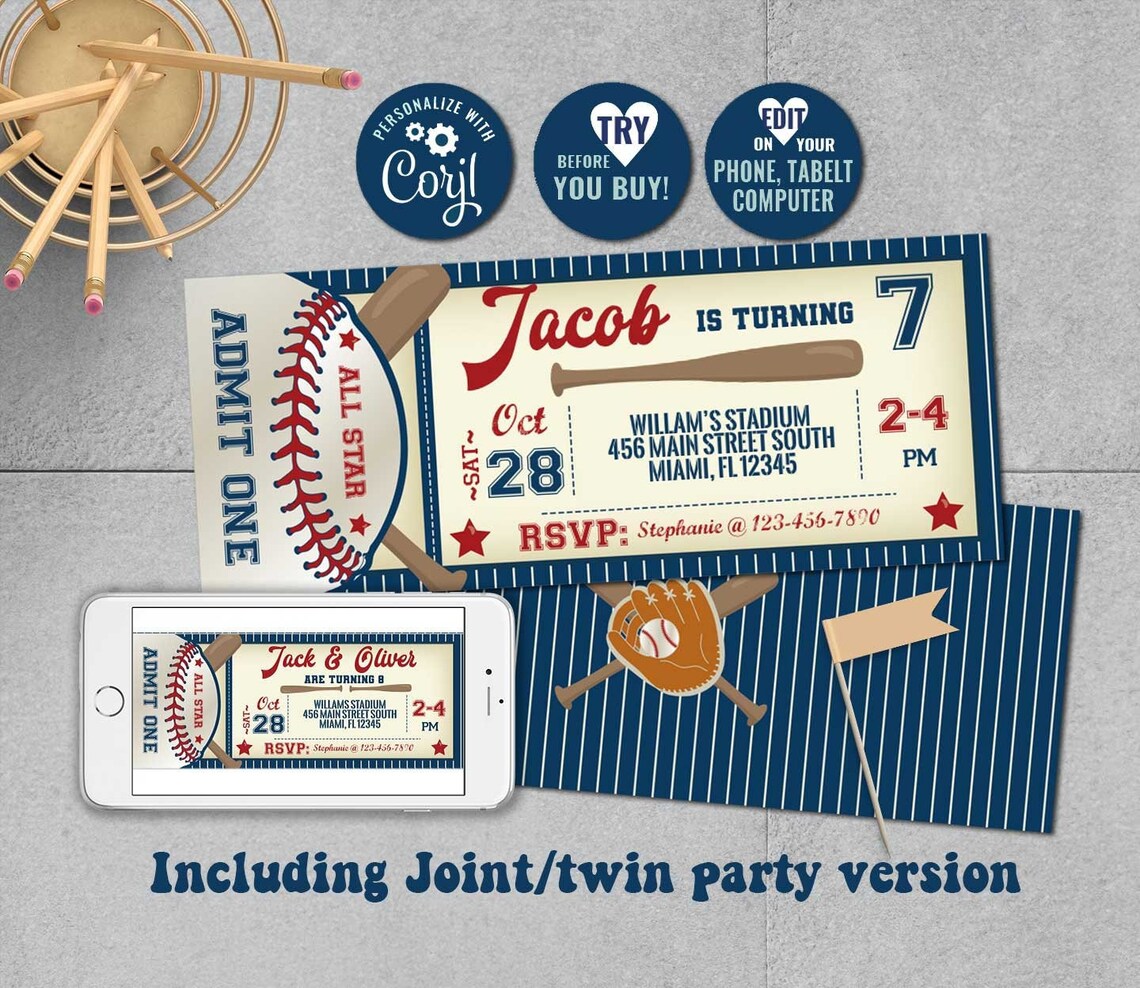 All Star Baseball Birthday Invitation-self Edit W - Etsy