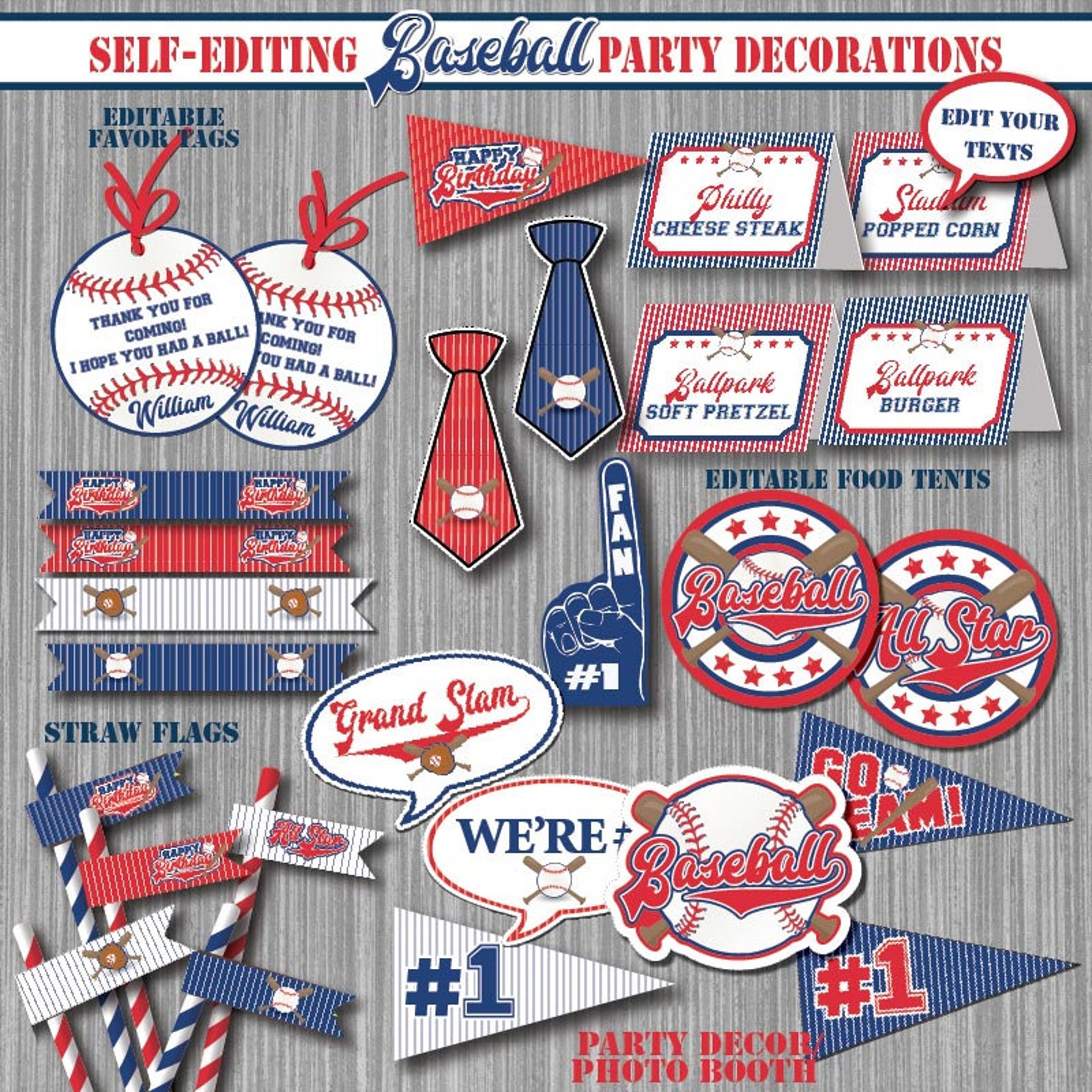 SELF-EDITING All Star Baseball Birthday Decorations-printable Baseball ...