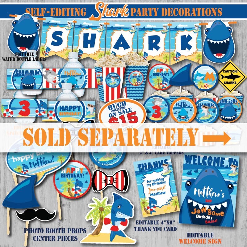 SELF-EDITING Shark Birthday Party Signs-welcome Sign-printable Under ...