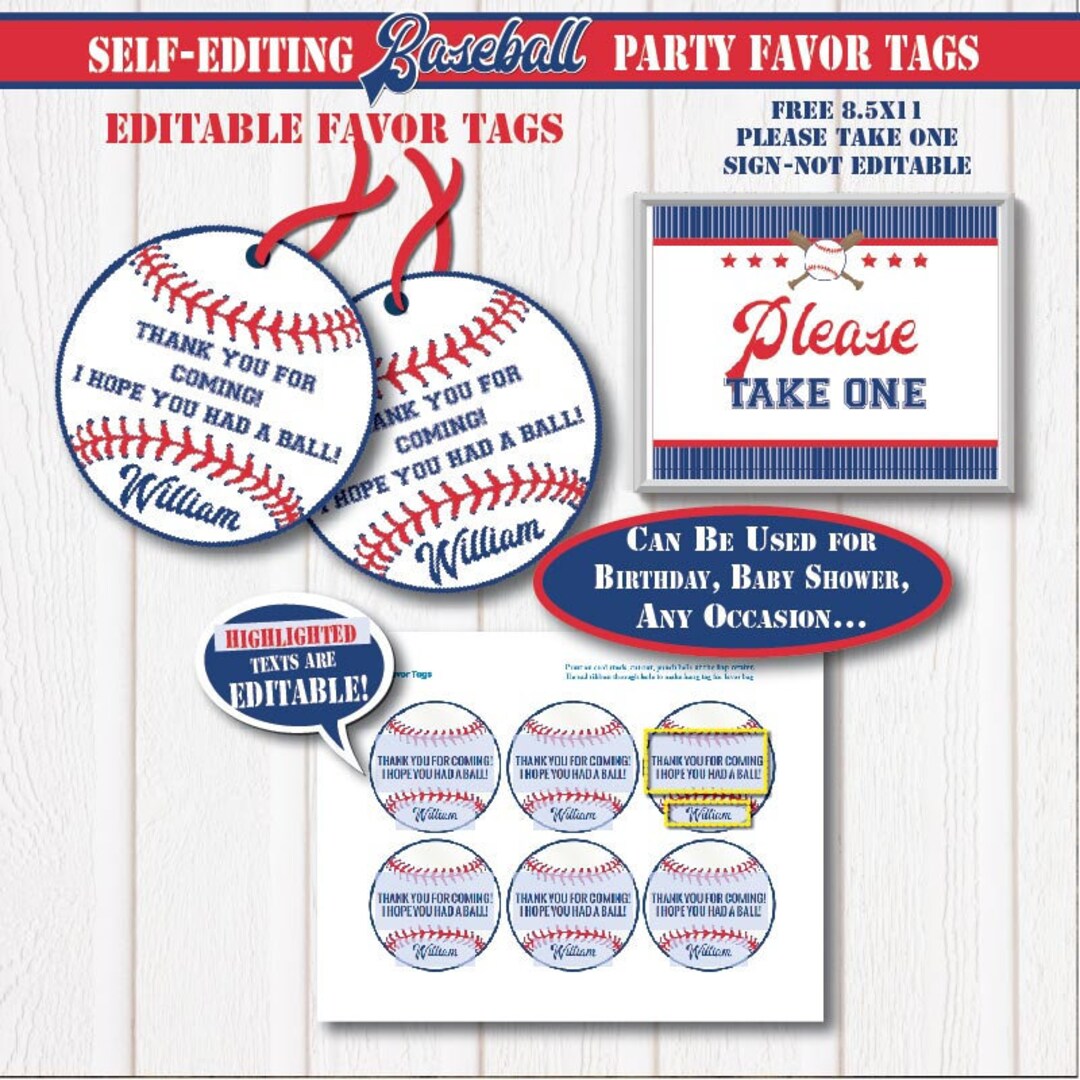 SELF-EDITING All Star Baseball Favor Tags-printable Baseball Birthday ...
