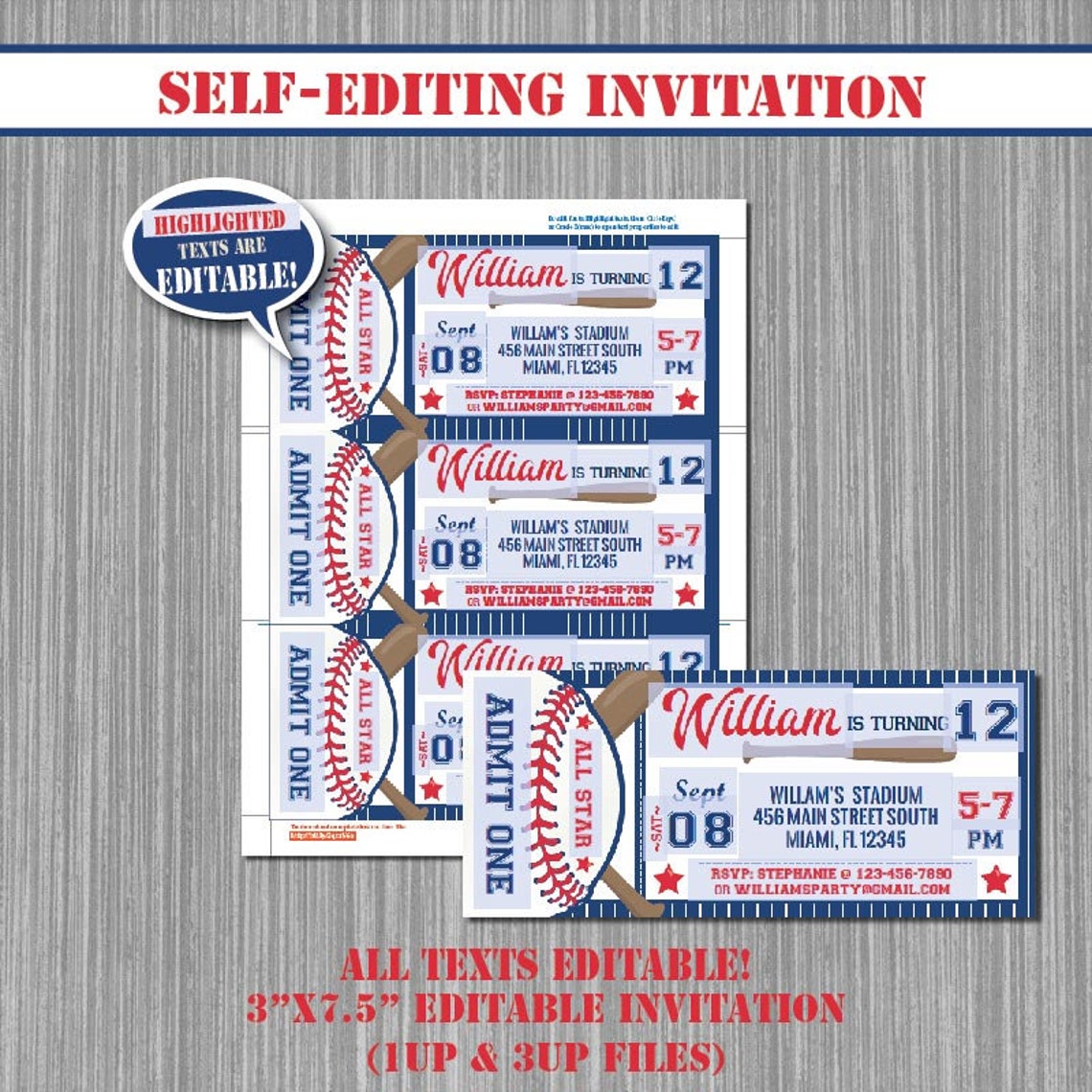 All Star Baseball Birthday Invitation-self-editing Baseball | Etsy