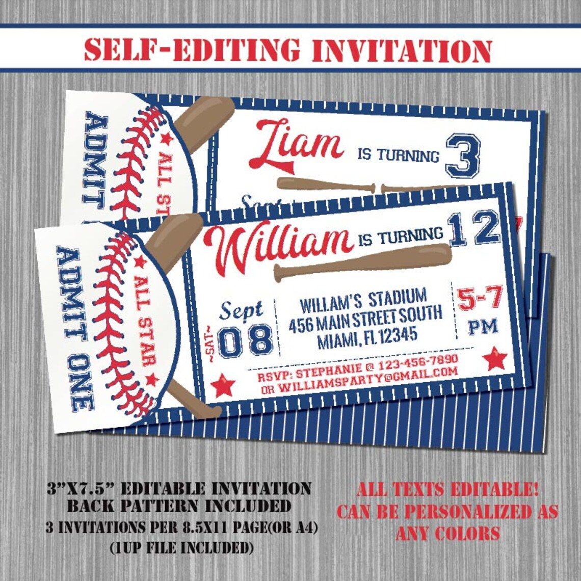 All Star Baseball Birthday Invitation-self-editing Baseball | Etsy