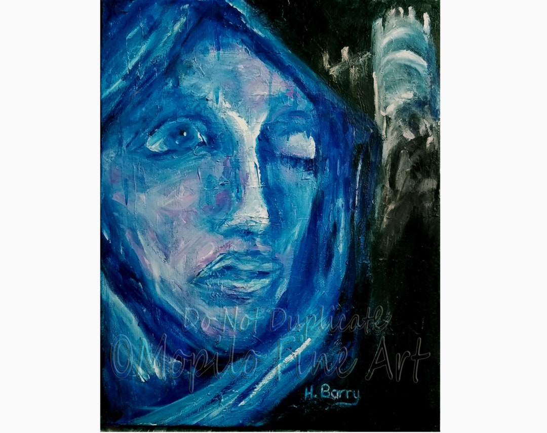 Blue Womans Face Portrait of Woman With Head Covering Eye Closed Wide ...